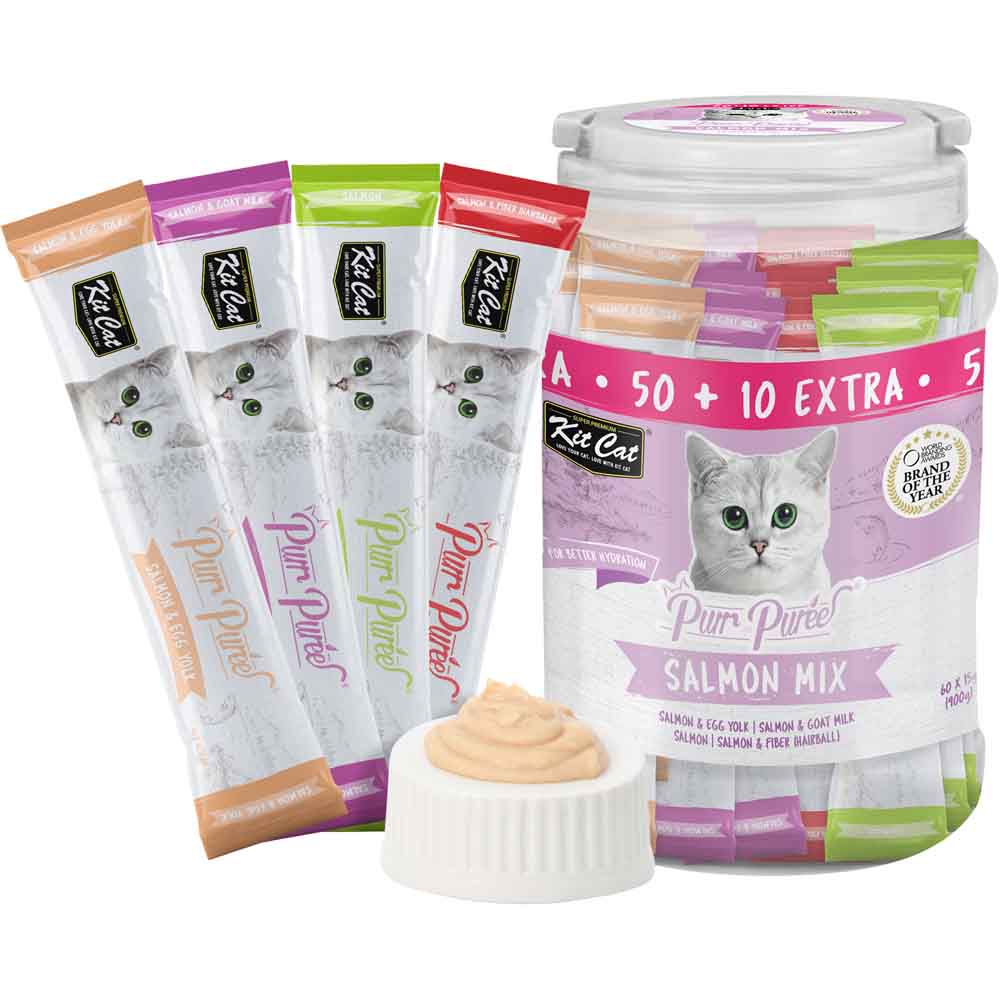Kit Cat Purr Puree Salmon Mix Assorted Grain-Free Liquid Cat Treats ...