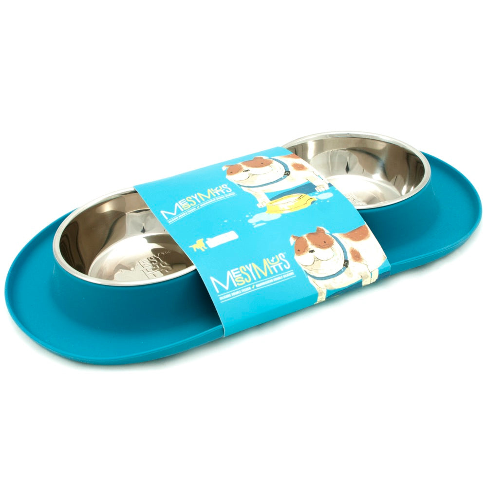 Messy Mutts Double Silicone Feeder With Stainless Steel Dog Bowls (Blue ...