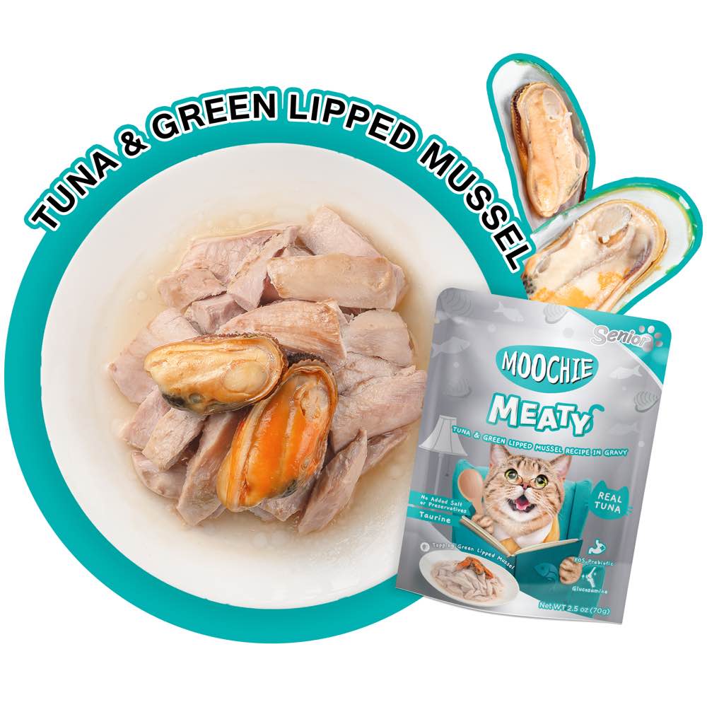 Moochie Meaty Tuna & Green-Lipped Mussel Recipe In Gravy Senior Pouch ...